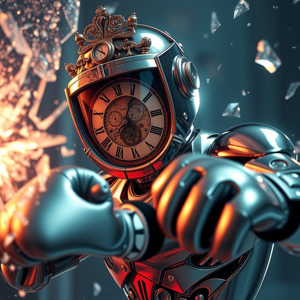 Cyberpunk Boxer Shatters Glass with Gears and Roma... - AI Art
