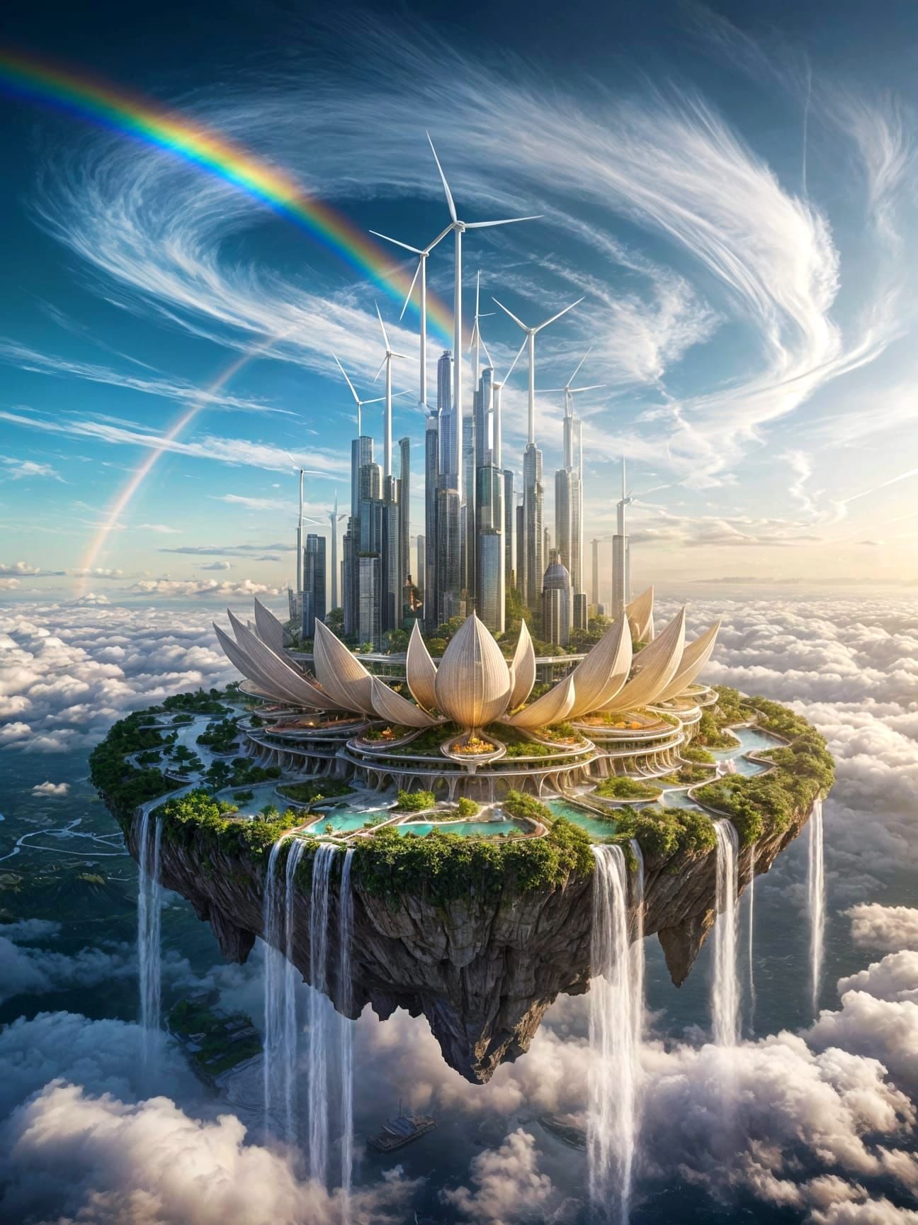 A solarpunk settlement built on a floating island powered by wind ...