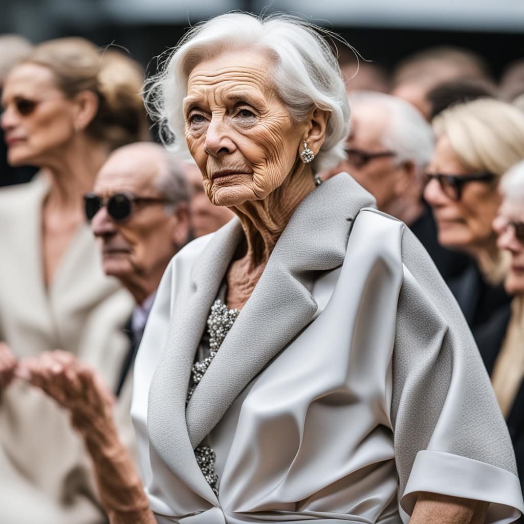 an elegant old female model on a catwalk with wrinkles in her face - AI ...