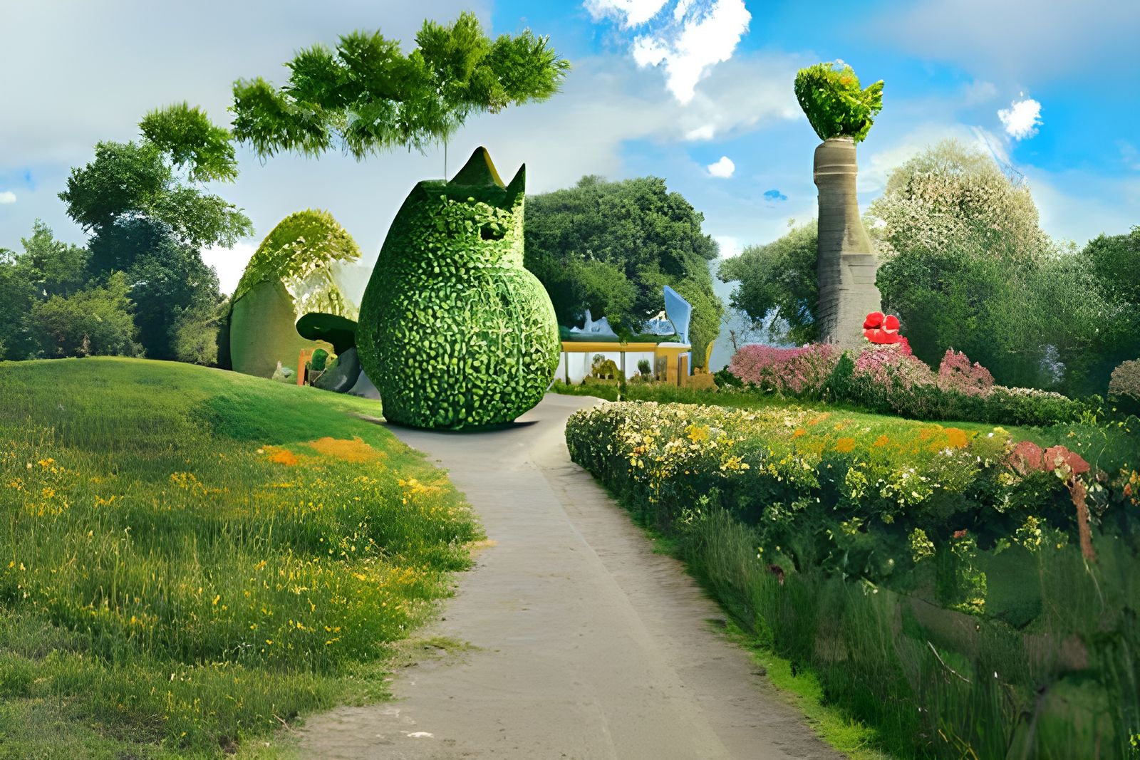 happy cute cat-shaped topiary walking around the garden illustration ...