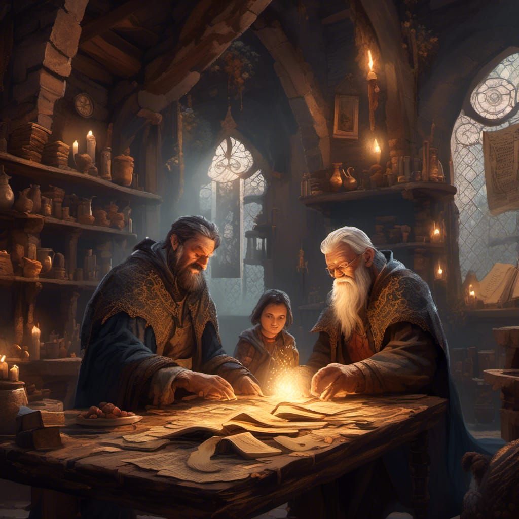 old wizard teaching a young apprentice in the wizard tower.learning new ...