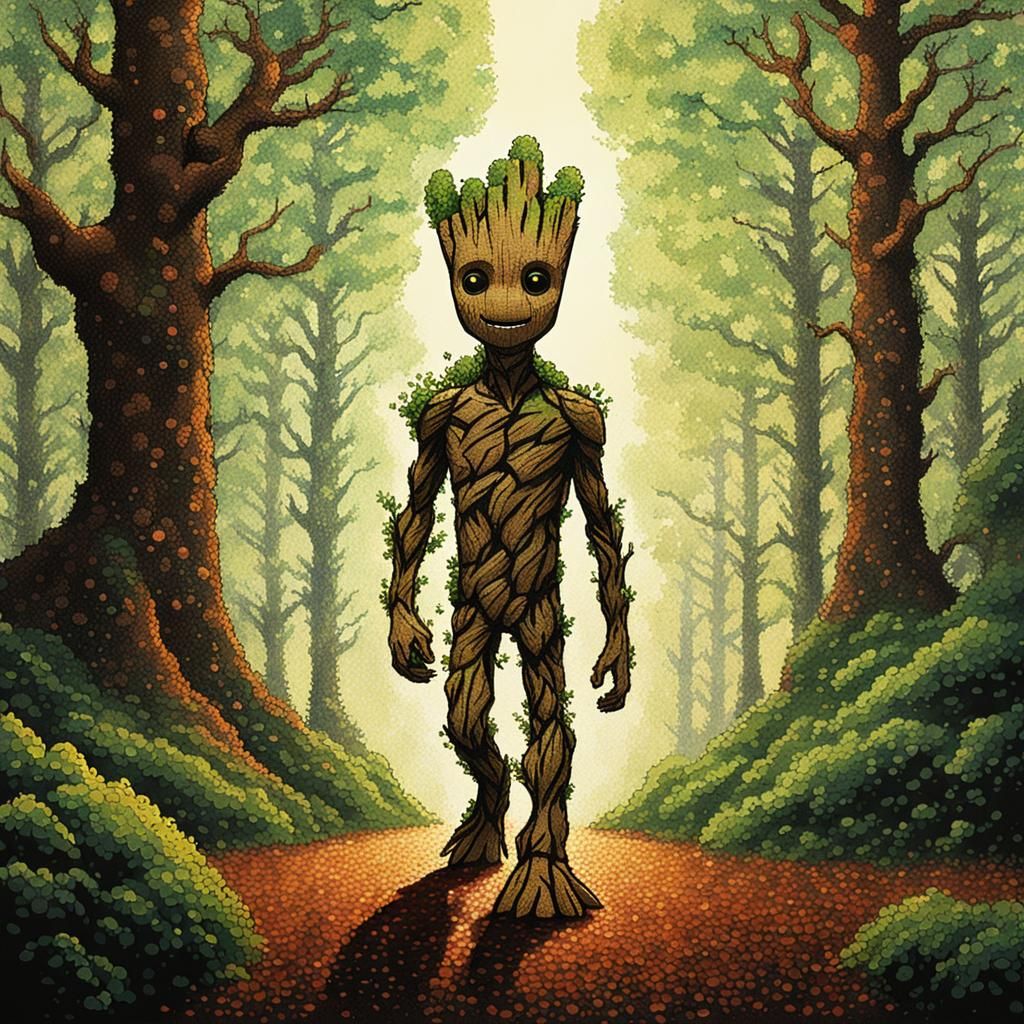 poster art kinetic pointillism of Groot walking on the forest - AI ...