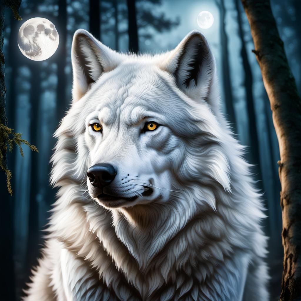 a large white alpha male wolf in a forest with a moon shining bright in ...