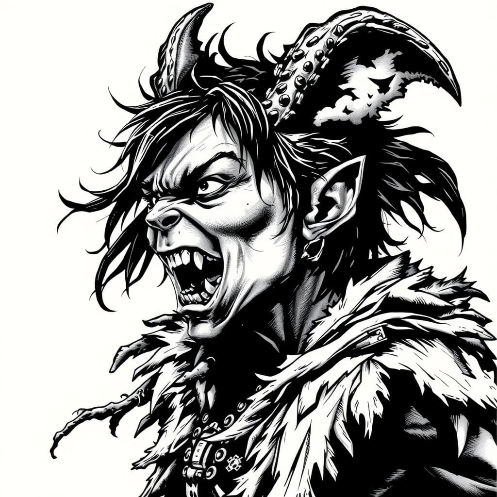 Feral Boy in Primal Rage, Line Art in High Contras... - AI Art