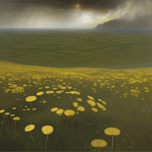 Surreal Dandelions Mourn a Fierce Battle in a Mela... - AI Art