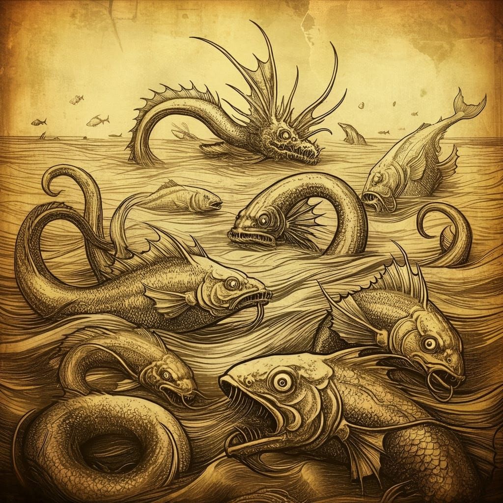 A mesmerizing, antique-style illustration of mythical sea monsters fish ...