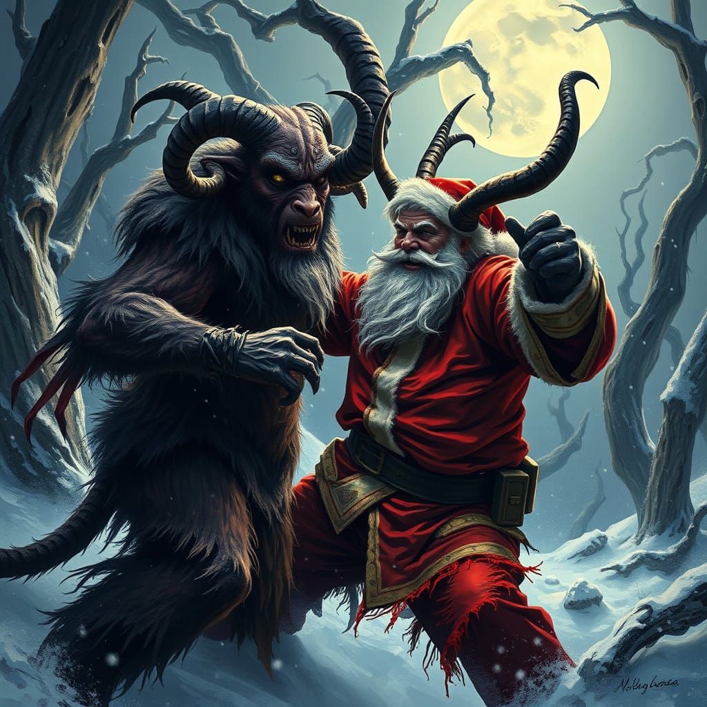 Santa Claus fighting Krampus - Dark Christmas Clash: Menacin...