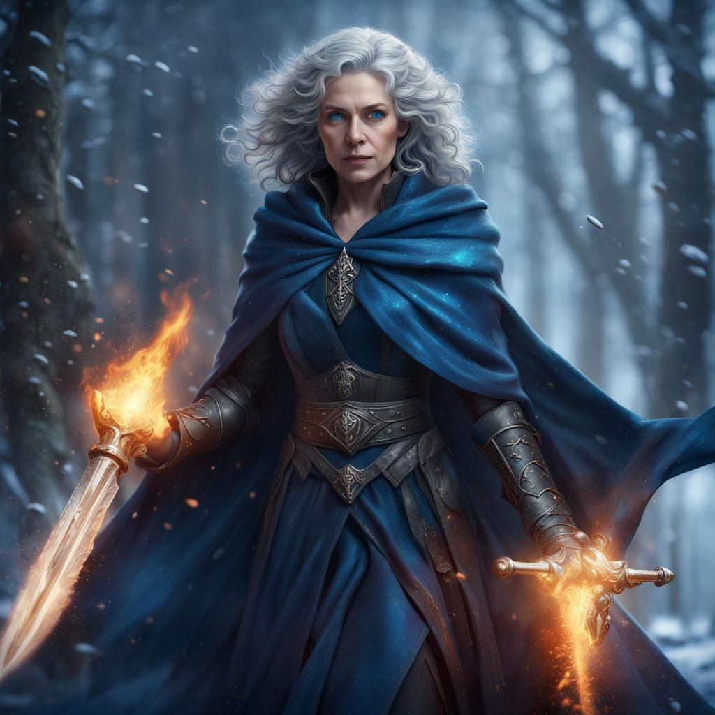 middle aged woman mage. Bright blue eyes. Dark silk blue cloak. grey ...