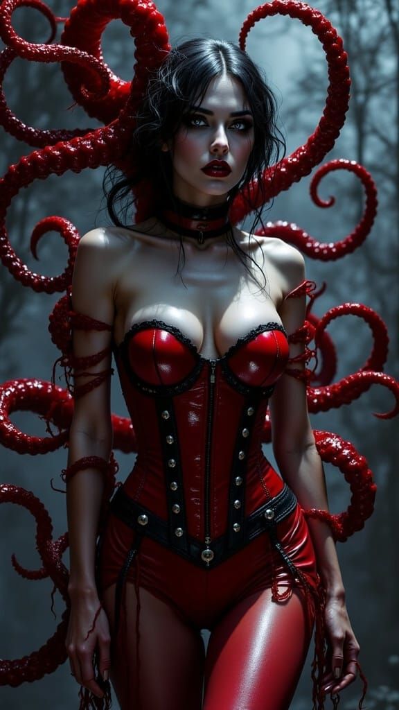 Gothic Female Vampire Queen with Red Tentacles - AI Art