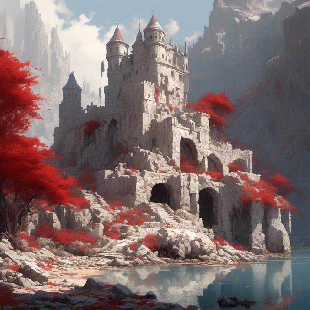 a deserted white-stone pier and a white-stone fortress on the shore ...