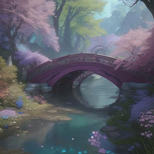 Mystical bridge with beautiful water under it and colored flowers and ...