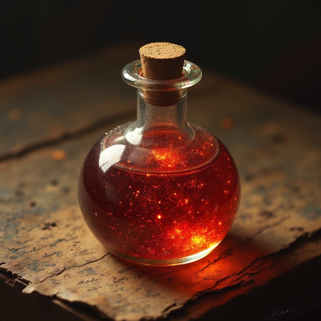 close up of a magical round vial filled with sparkling glittering magic ...