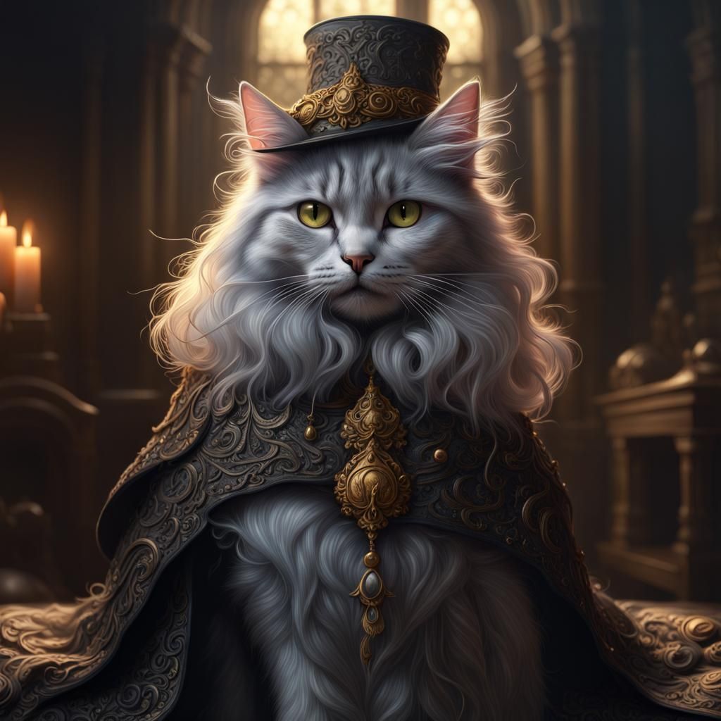 Witch fluffy cat, ultra detailed, hyperrealism, epic, barok, opulent ...