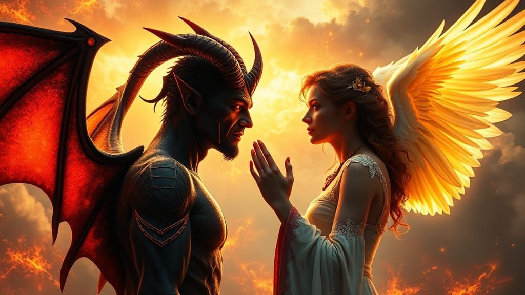 Ethereal Demon and Angel in Forbidden Love, Cyberp... - AI Art