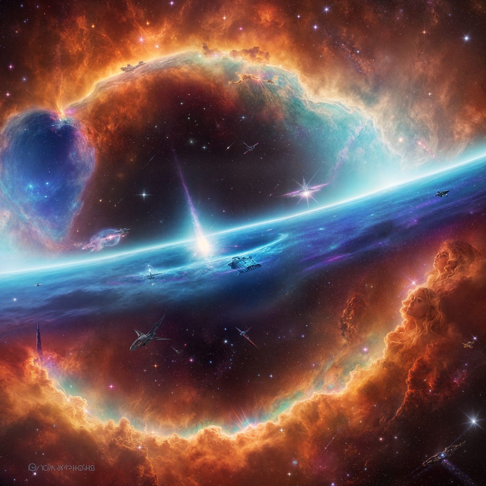 Starship between nebula - Cosmic Starship Embarks on Celesti...