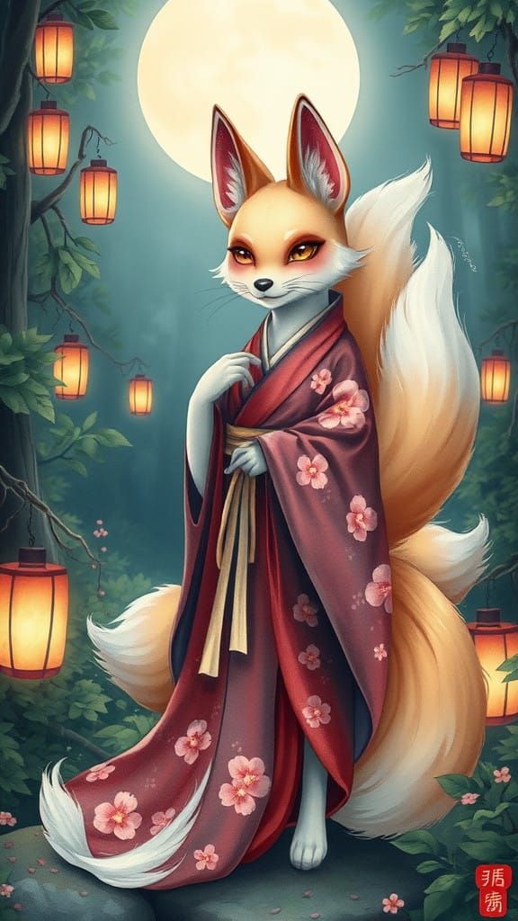 Japanese Mythical Foxes in Vibrant Colors - AI Art
