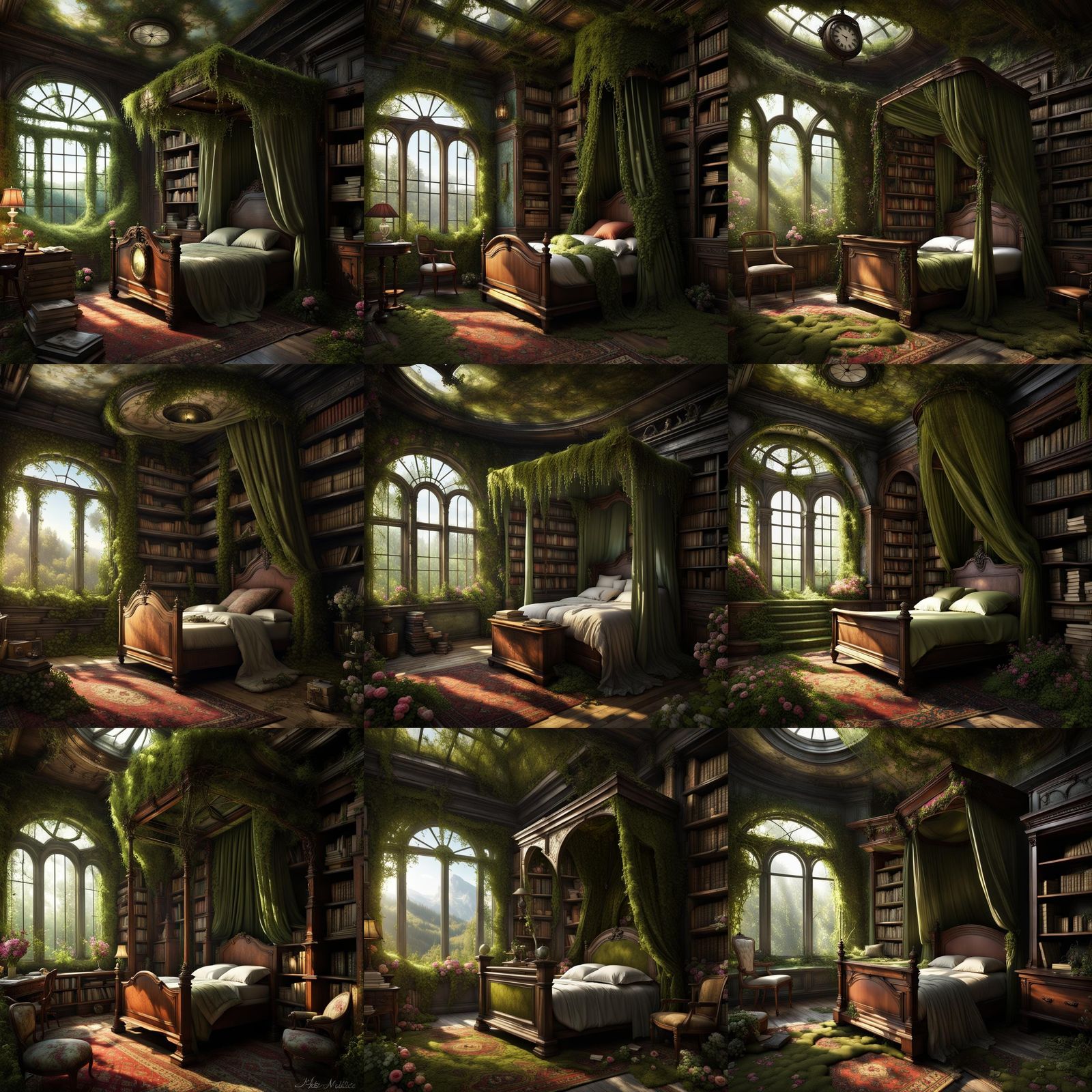 Post-apocalyptic modernized Victorian era cozy library/bedroom being ...