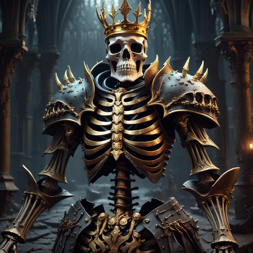 A skeleton knight, realistic bones, 8k resolution, dark vibes, gold ...