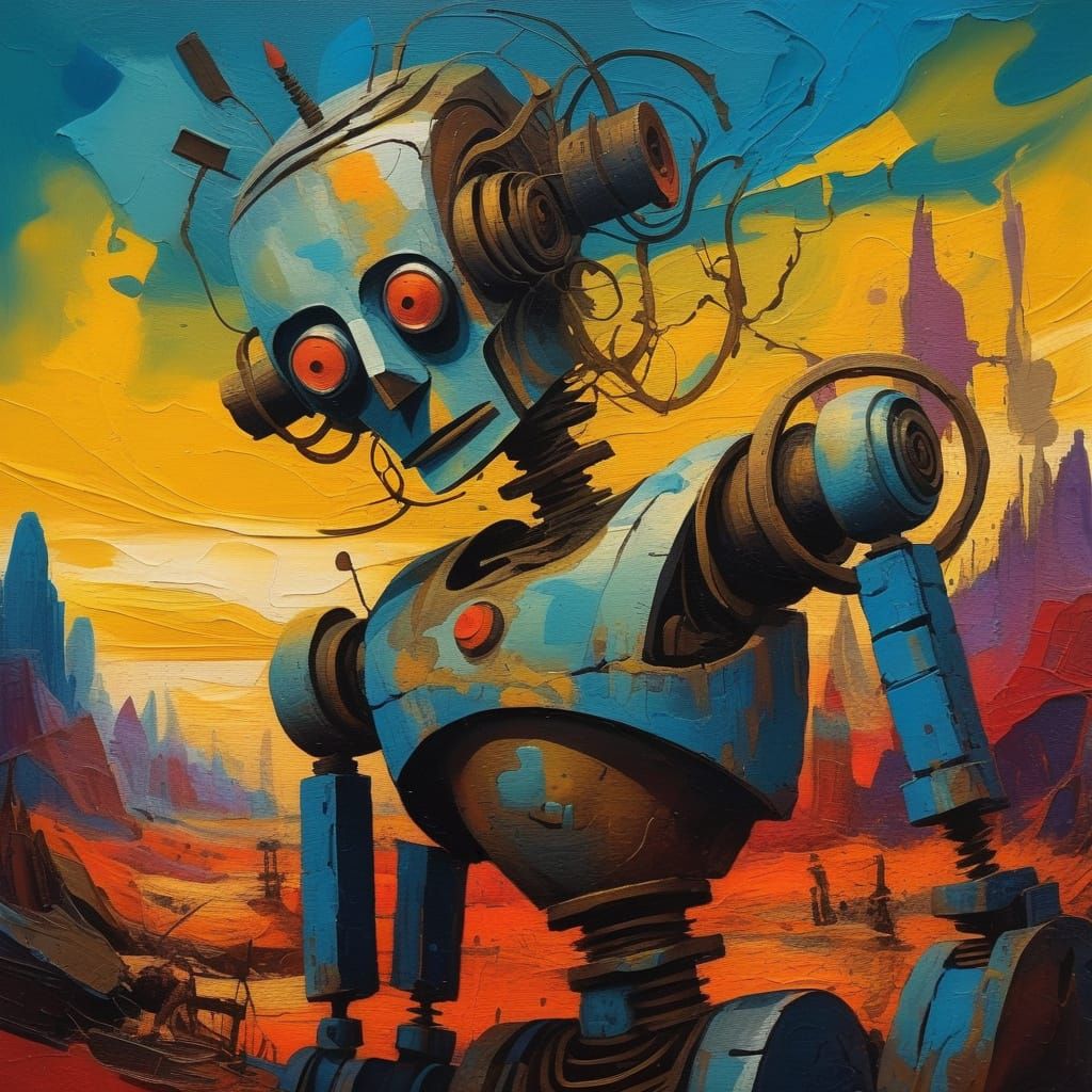 Surreal, Gouache Masterpiece of a Broken Robot in ... - AI Art