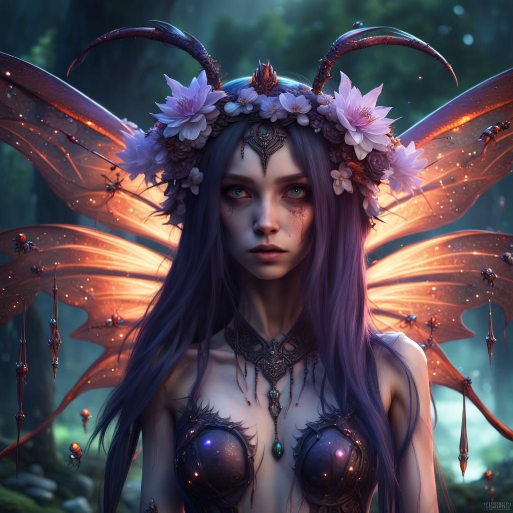 Skinny little goth girl, spread wings, red goo, latex micro bikini, demon horns - AI Generated ...