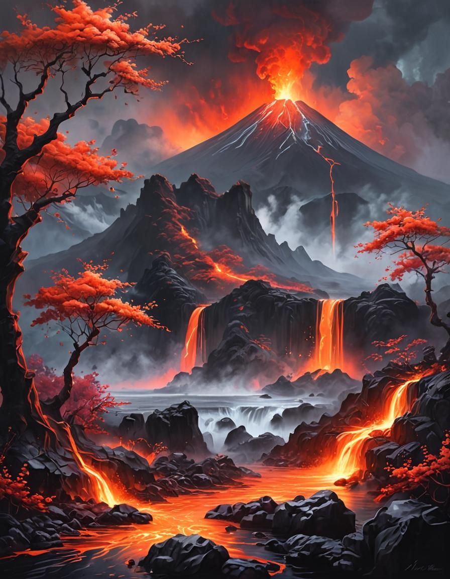 Oil Painting, high contrast, flowing glowing lava magma from erupting ...