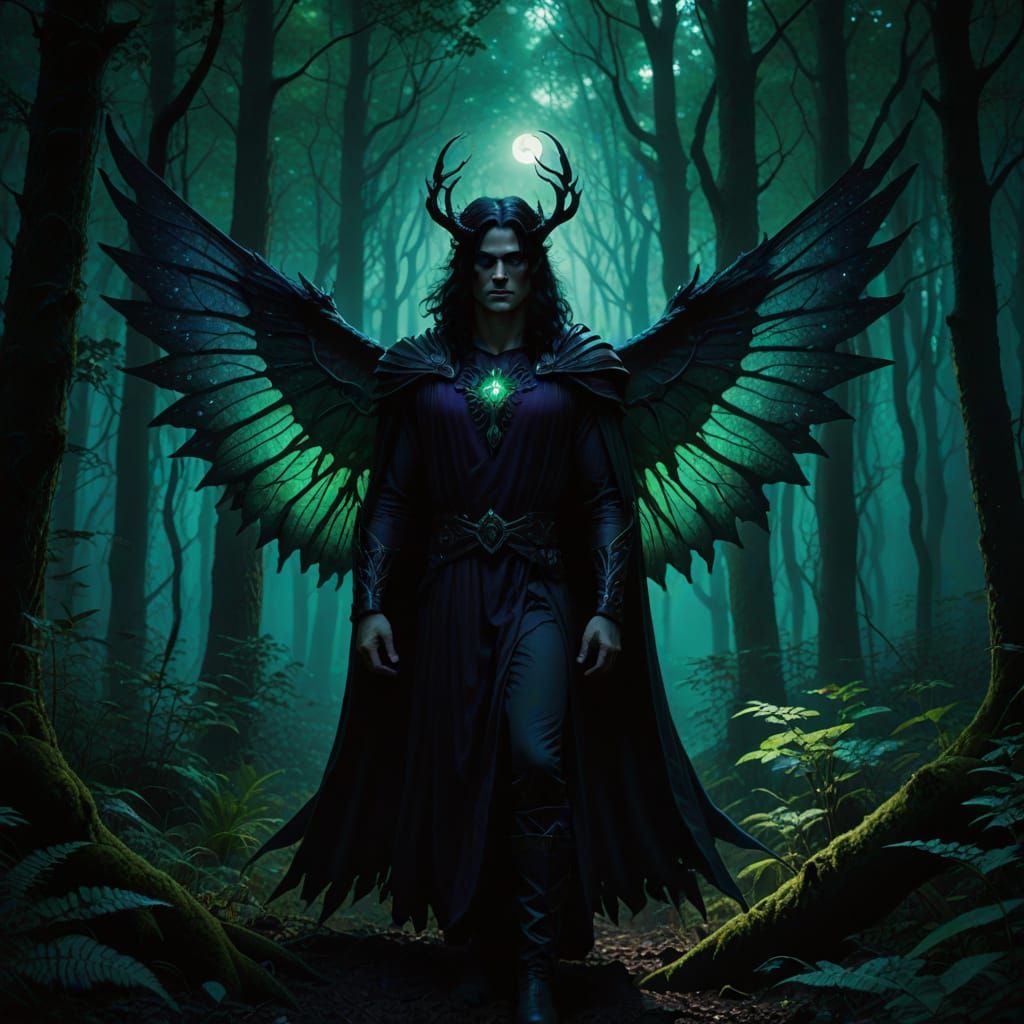 Enigmatic Shadow Fae Amidst Moonlit Forest Glories - AI Art