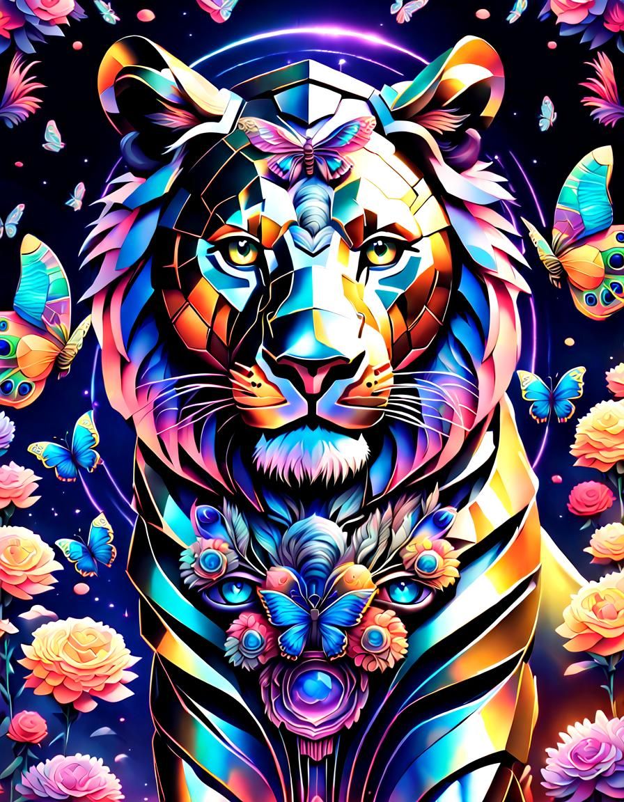 (Hyper detailed beautiful anime portrait of a graceful robot lion with ...