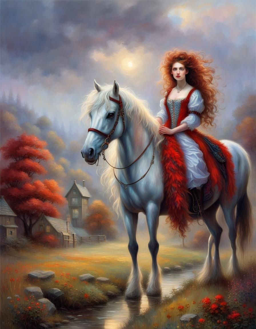 Lady with exaggerated features; long frizzled hair, baggy eyes, gangly ...