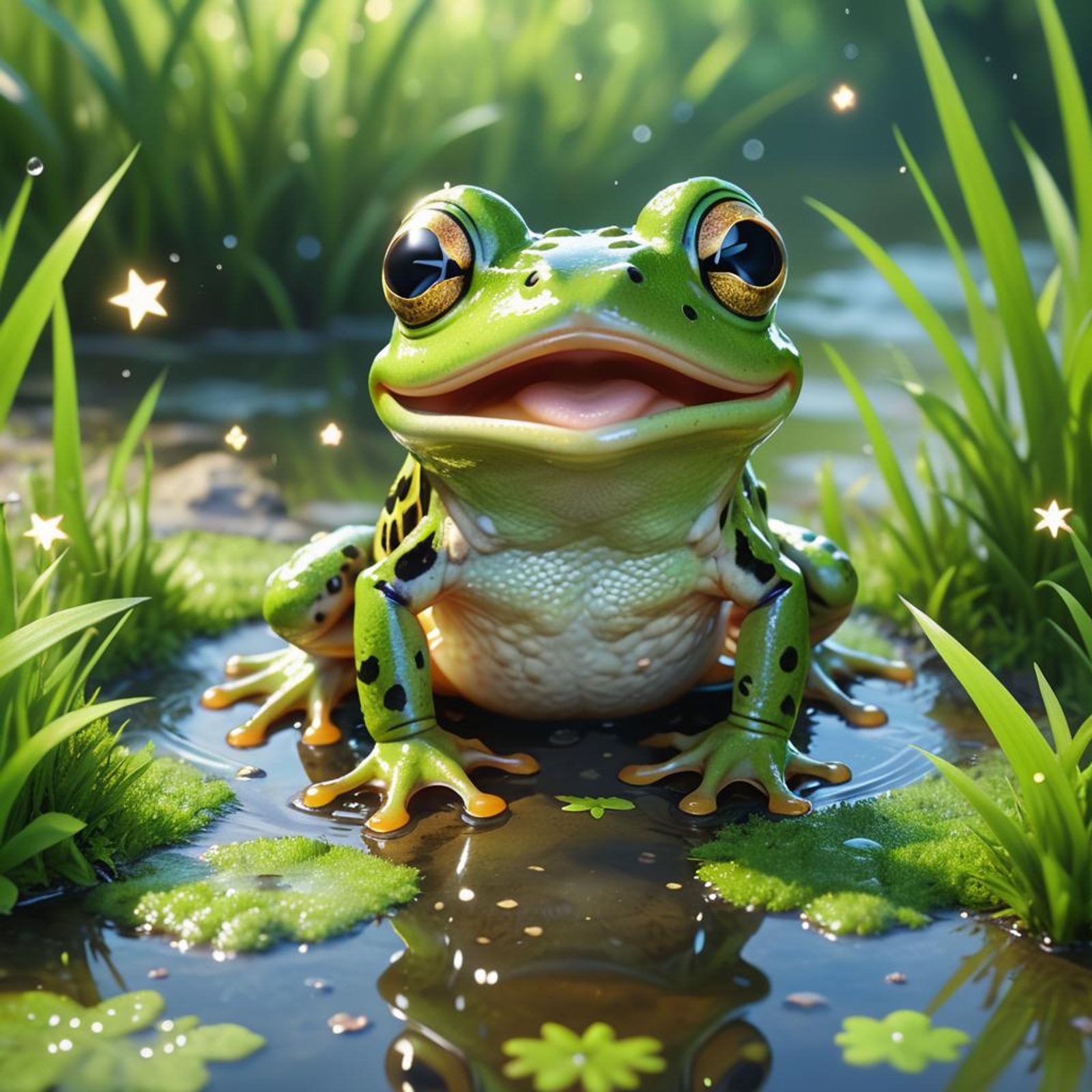 Yawning cute baby frog with stars in his big adorable eyes ...