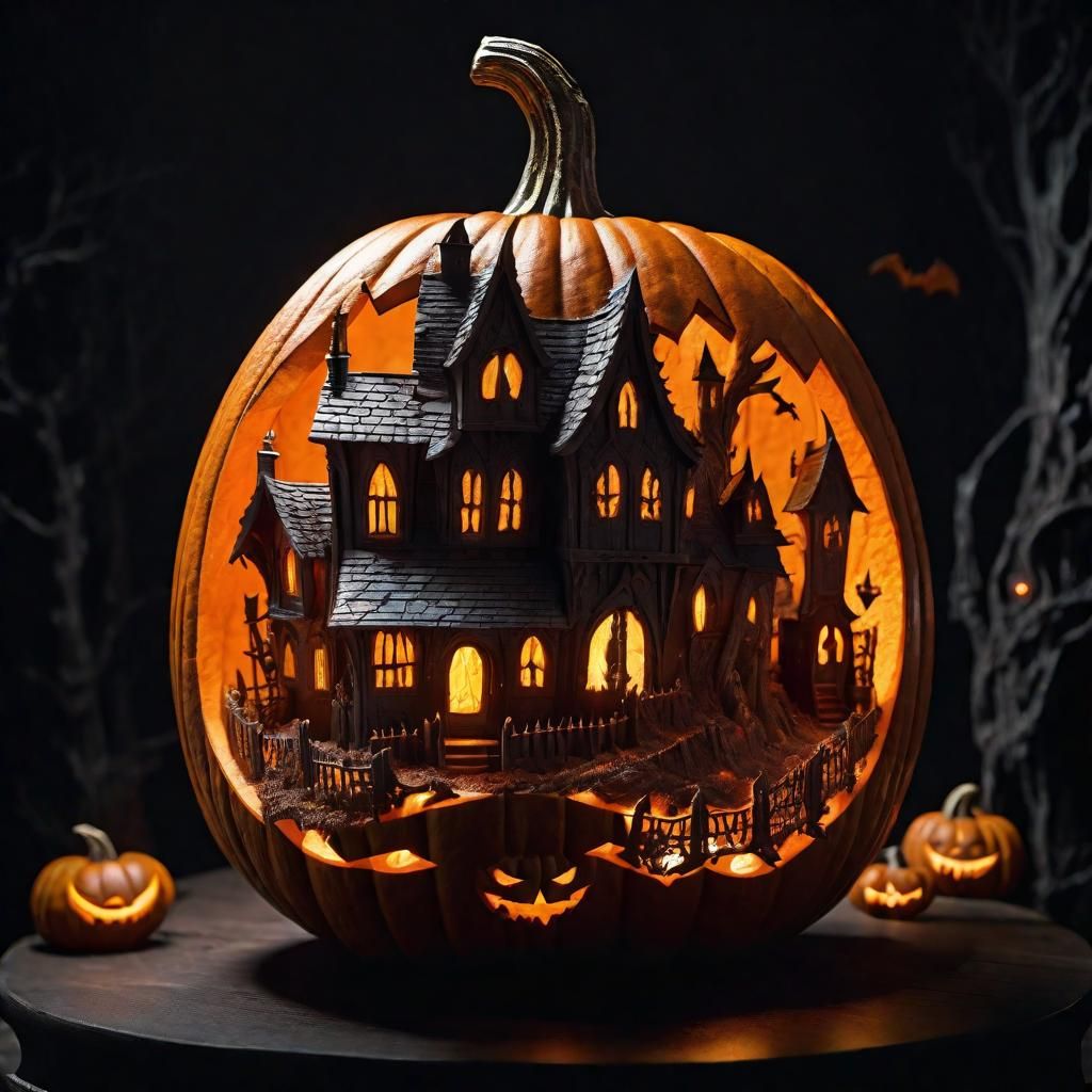 Pumpkin Carvings - Haunted House - AI Generated Artwork - NightCafe Creator
