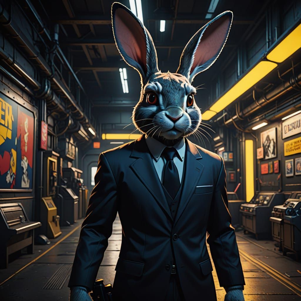 Vibrant Pop Art Rabbit in Tuxedo, Guns at the Read... - AI Art