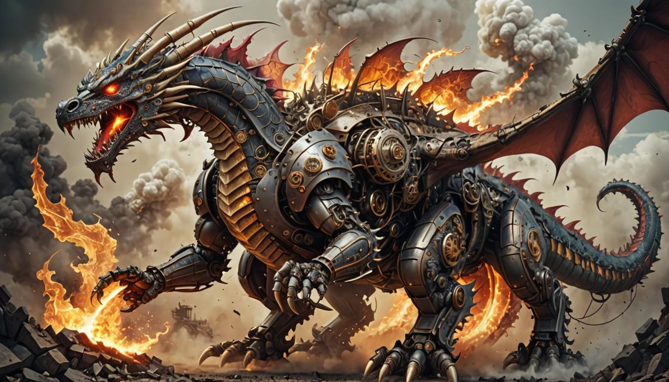 Ultra huge giant dragon steampunk robot, on the battle field, spitting ...