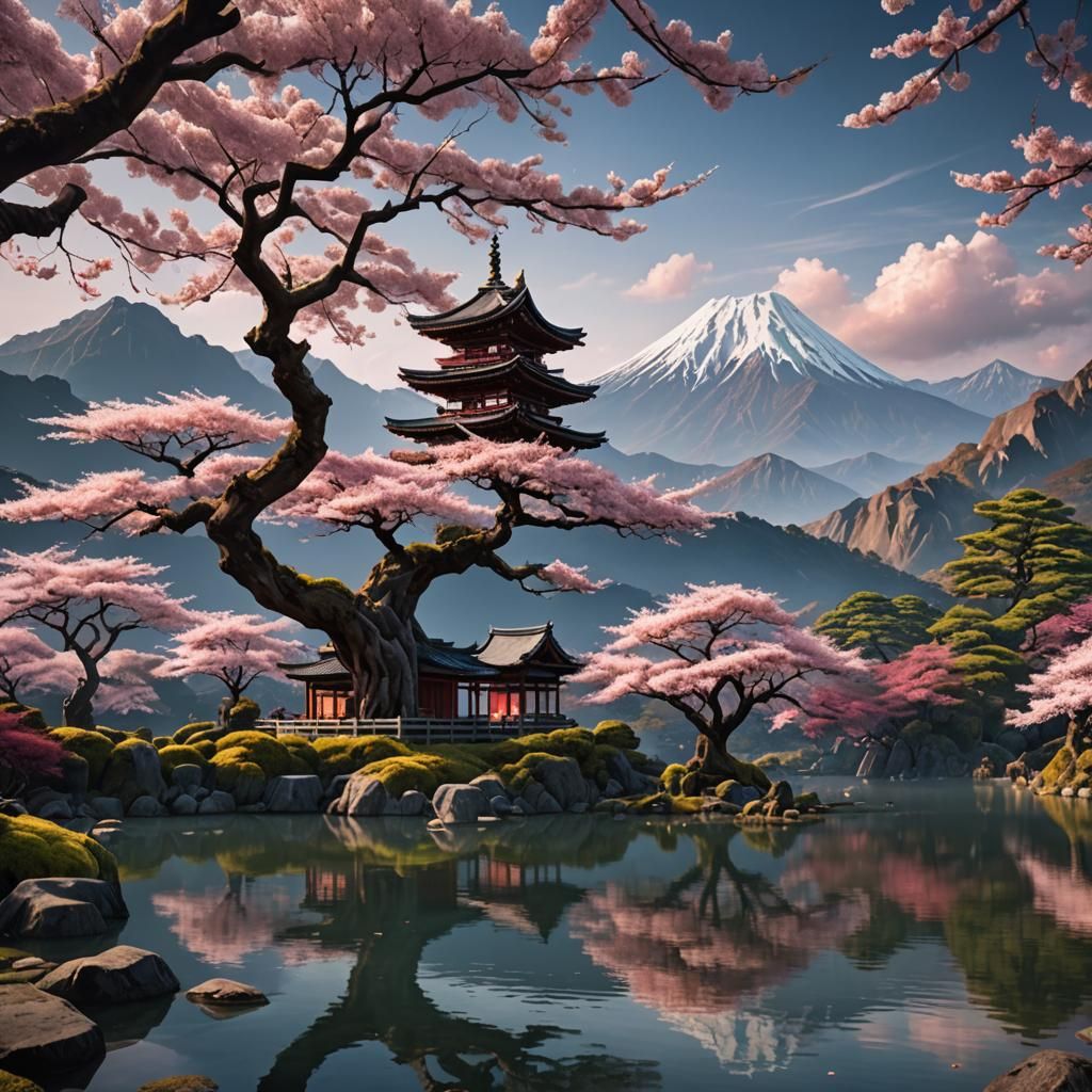 Ancient Sakura Tree in Vibrant Fantasy Landscape - AI Art
