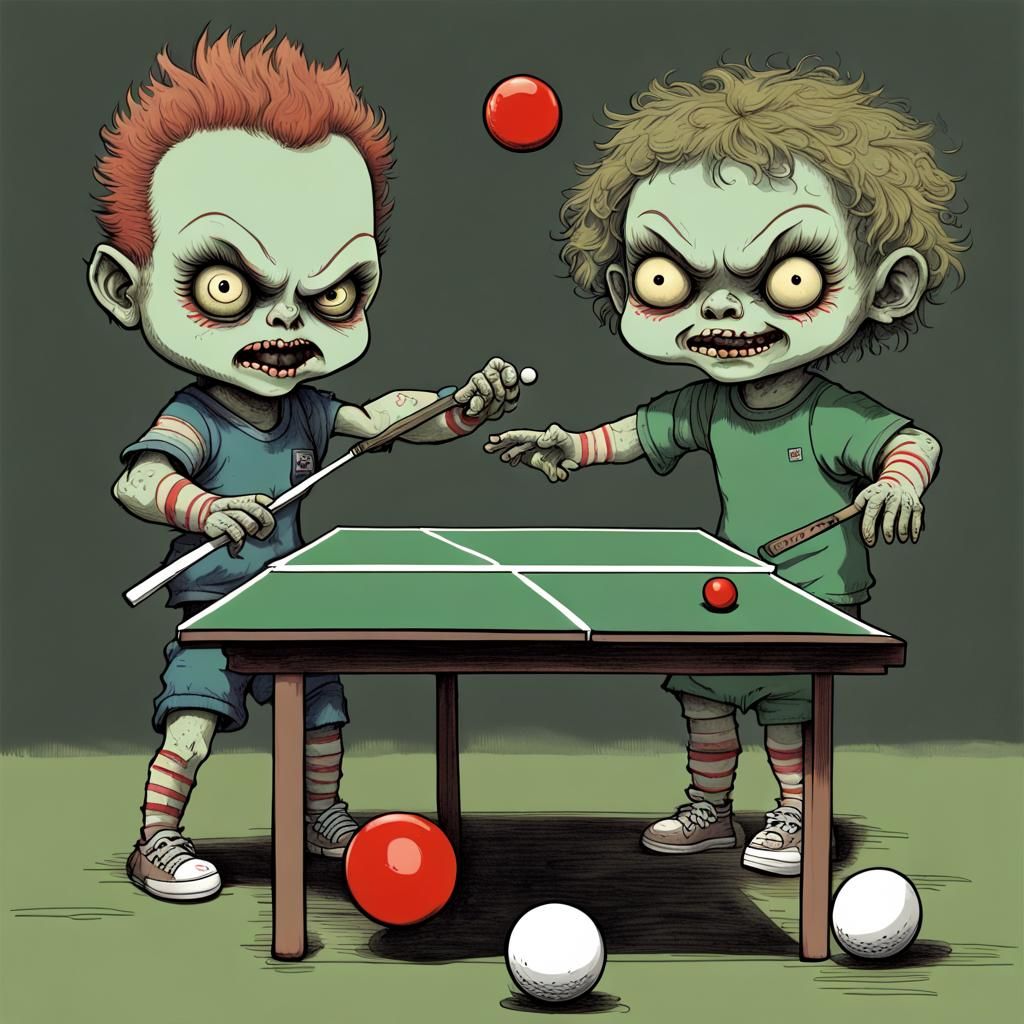 two smiling adorable chibi Chucky zombie dolls playing ping pong