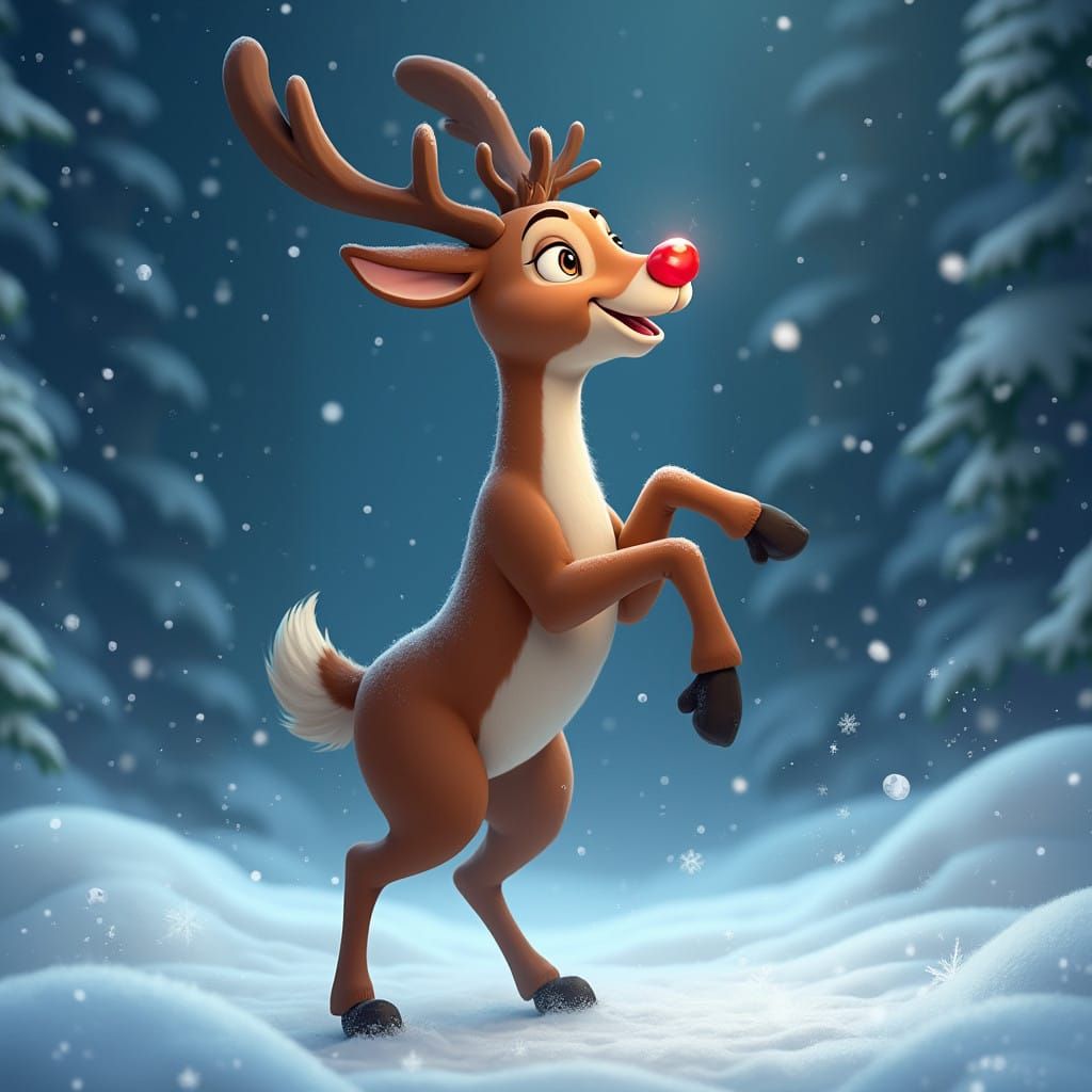 Realistic Rudolph the Red-Nosed Reindeer in Joyful... - AI Art