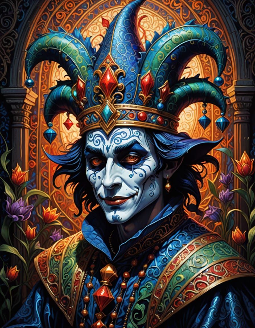 whimsical painting of a jester, intricately detailed volumetric ...