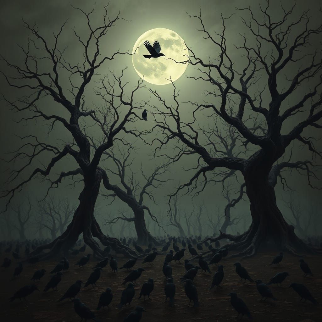 Twisted Trees Tower Above a Murder of Crows in a D... - AI Art