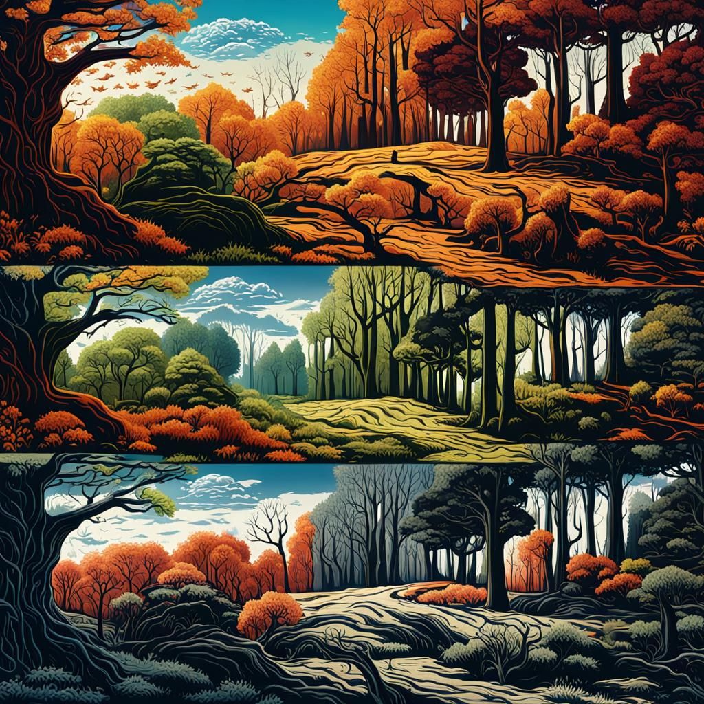 A four panel woodcut of a forest in Spring, Summer, Autumn and Winter ...