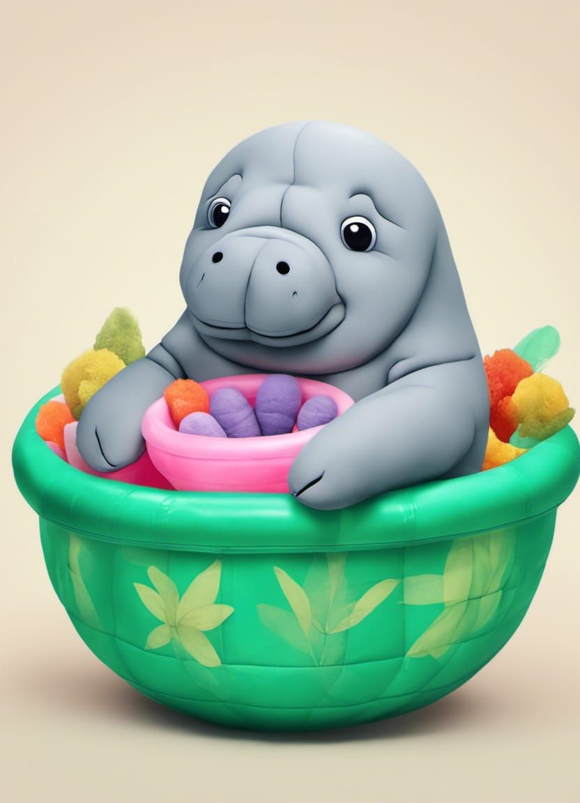 cute manatee with big eyes in an inflatable bowl ;by artist "bagworm ...