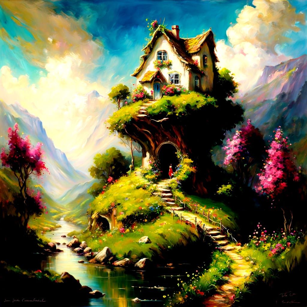 Fairy house, Lush valley, whimsical, oils, Jewel Tones, art nouveau, by John Constable and Pino ...
