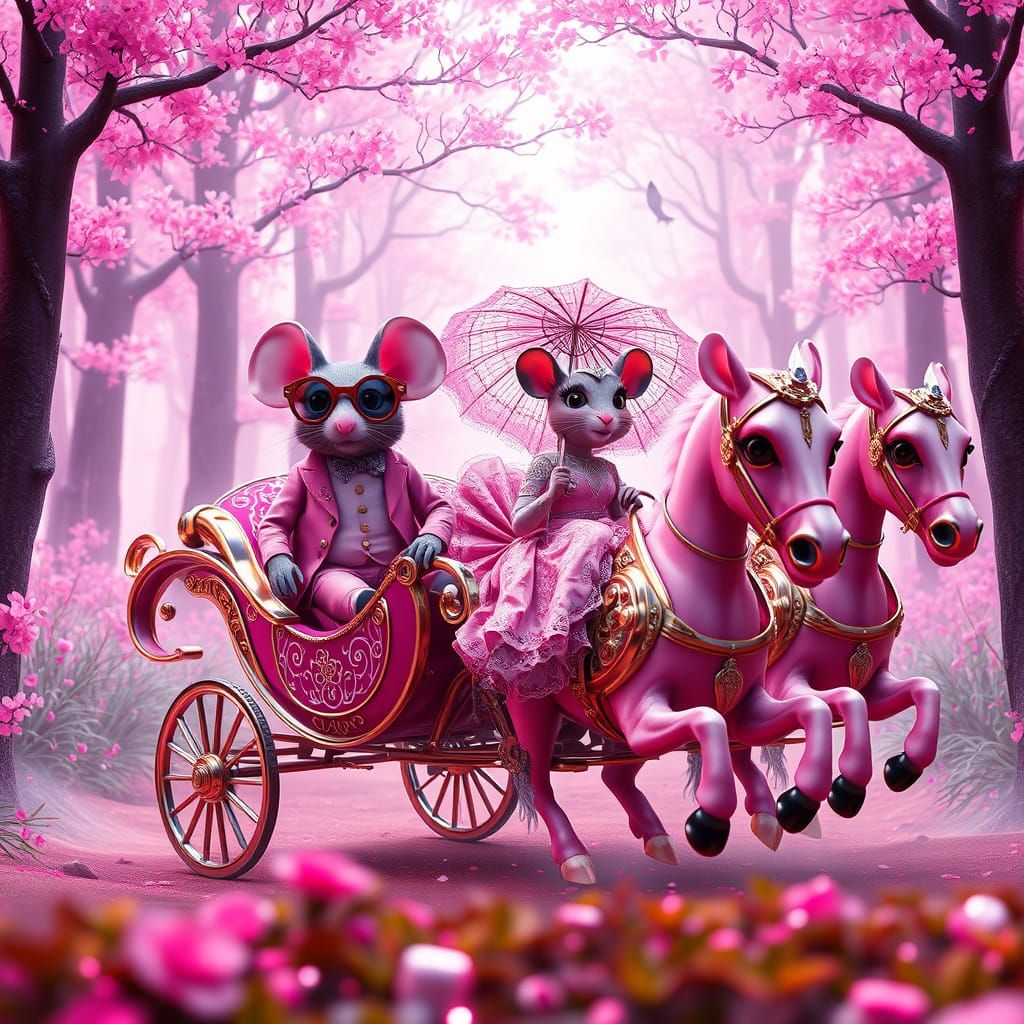 Elsa and Cameron - Steampunk Mice in a Whimsical Pink Forest