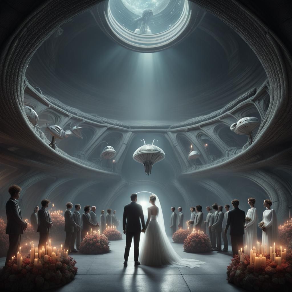 an alien creature wedding ceremony in an underground kingdom with an ...