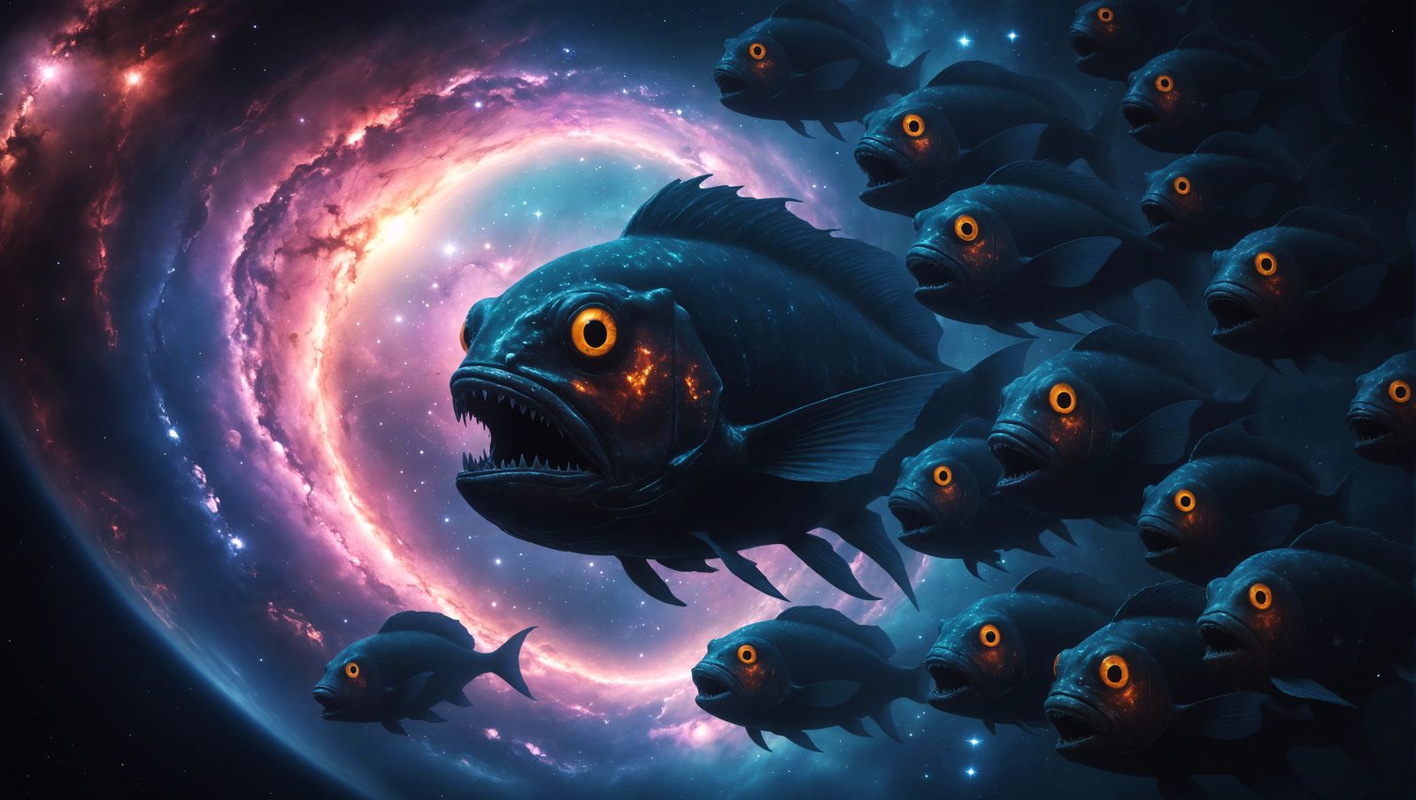 A digital illustration of an ocean with a school of demon-fish blended ...