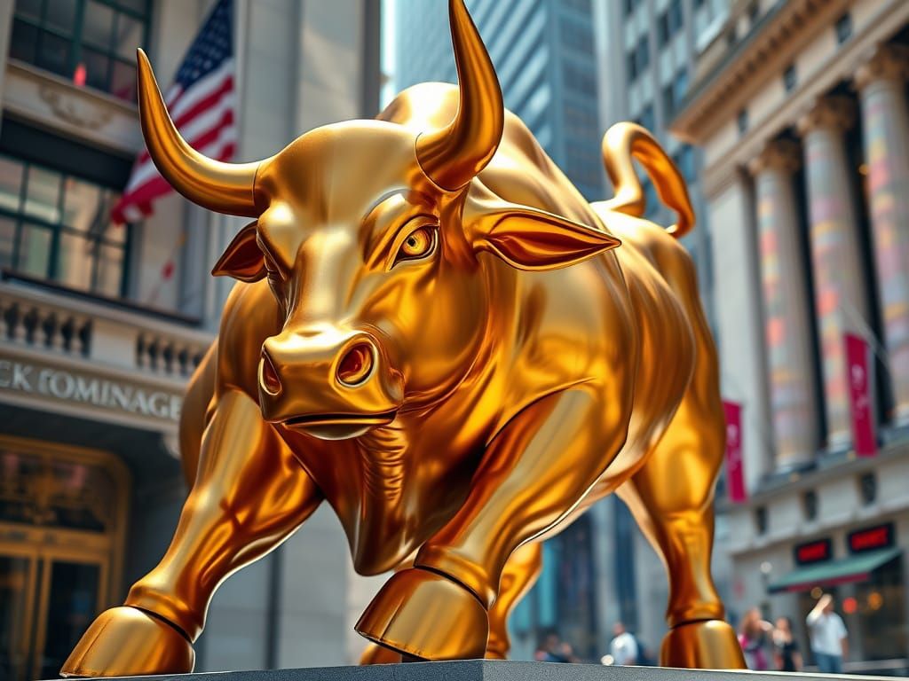 Powerful Golden Bull Statue in Vibrant New York Ci... - AI Art
