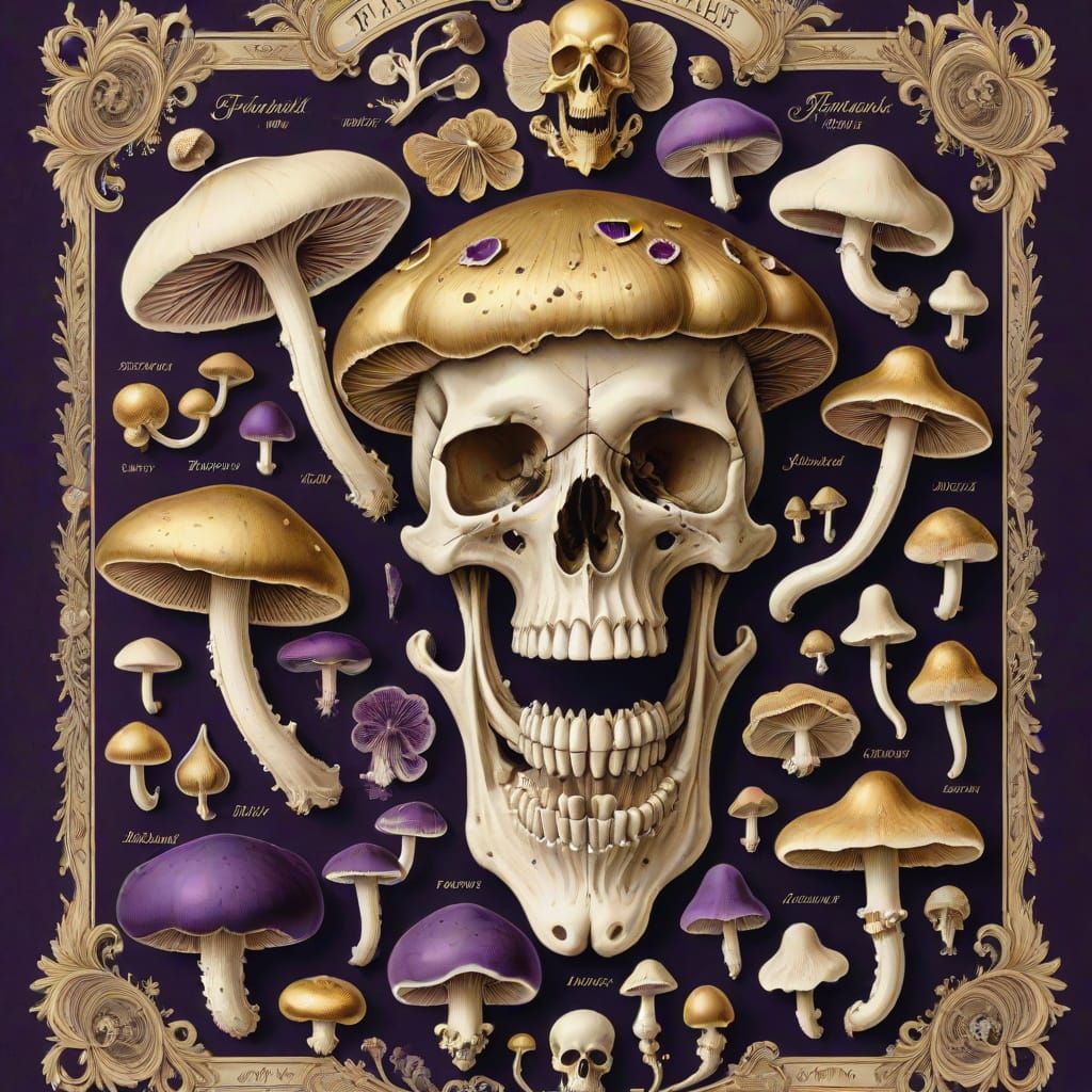 Vintage Fungi Reference Chart in Elegant Edwardian... - AI Art