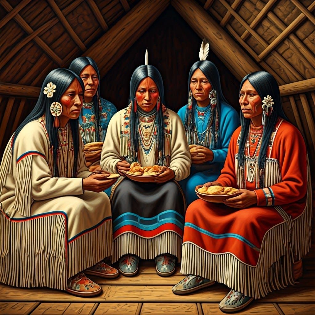 a group of Iroquois men and women wearing traditional clothing sitting ...