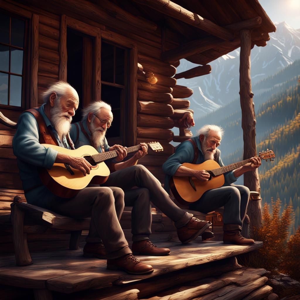 three old men playing guitars sitting on the front porch of a cabin in the mountains - AI ...