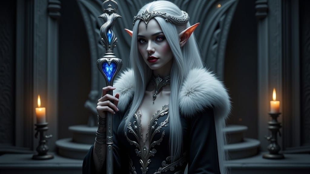 A gorgeous dark elf woman with sharp features and an ample bosom. Her skin is dark grey and her ...