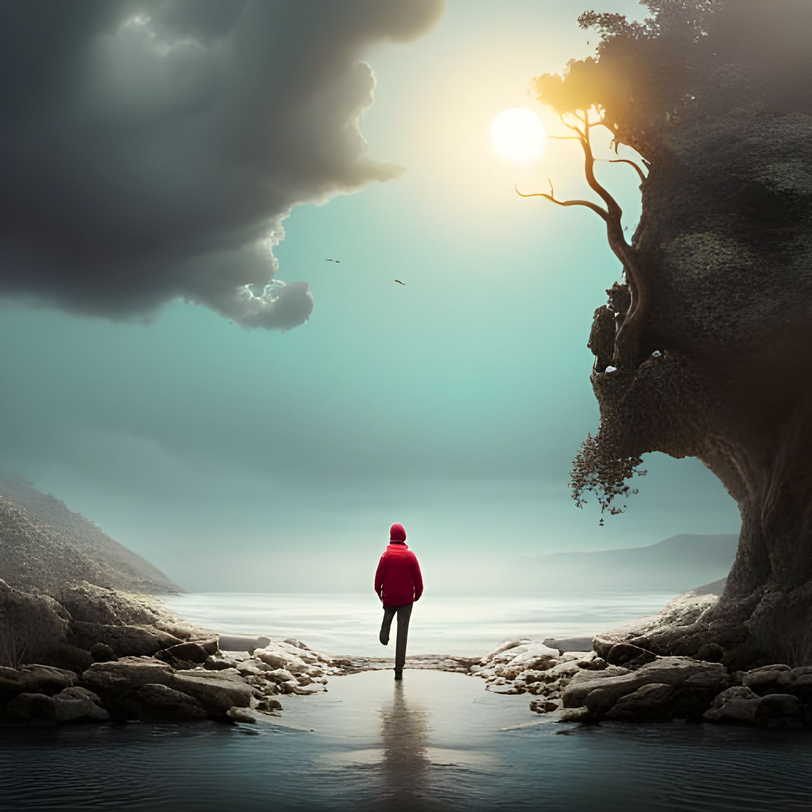 "Create a dreamlike surreal scene that blurs the boundaries between ...