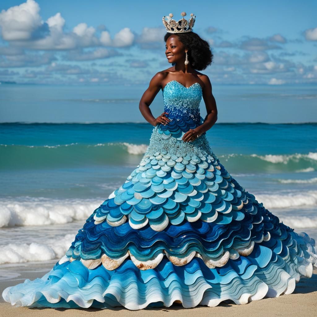 African American lady standing on the beach. Waves of Caribbean blue ...